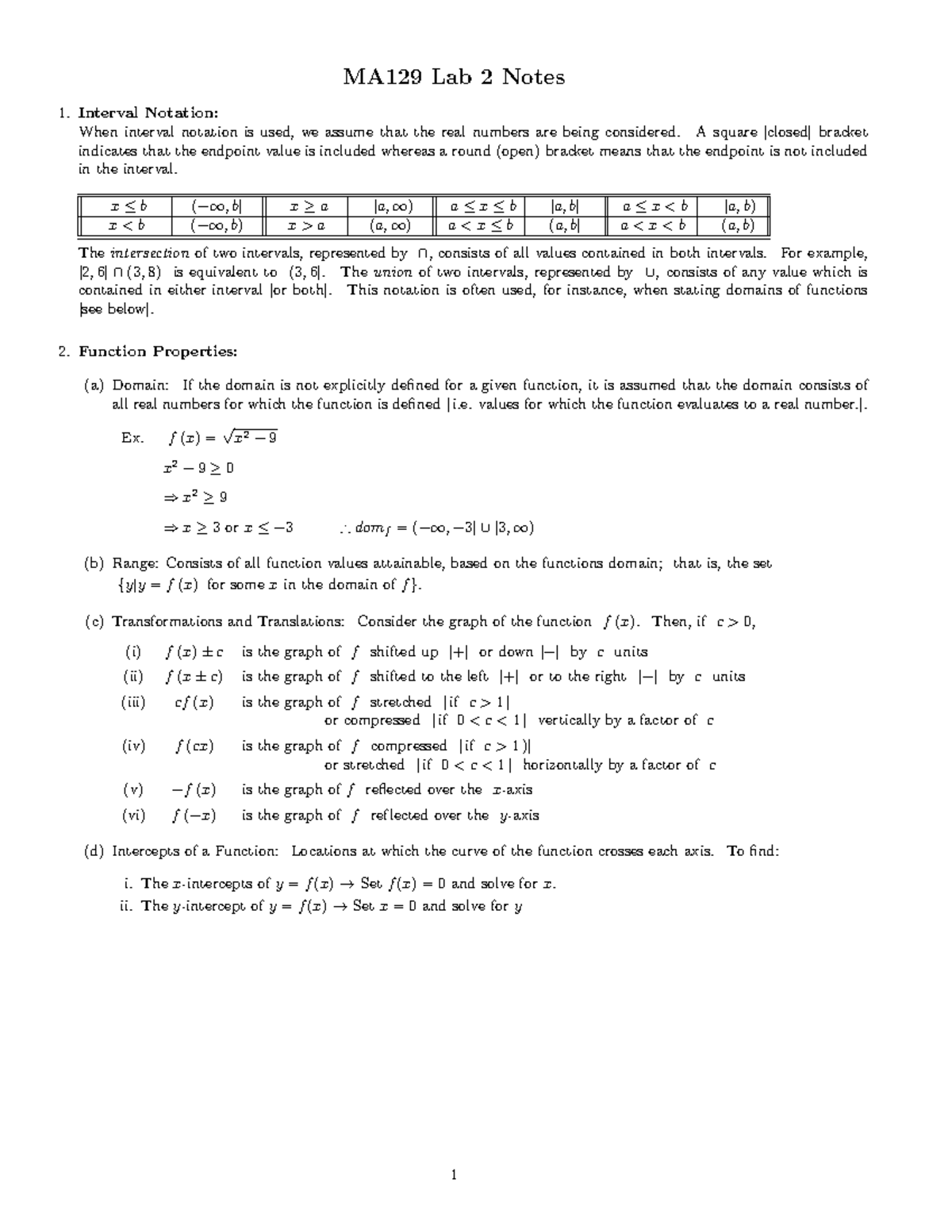 MA129 Lab 2 Notes: Interval Notation & Function Properties - Studocu