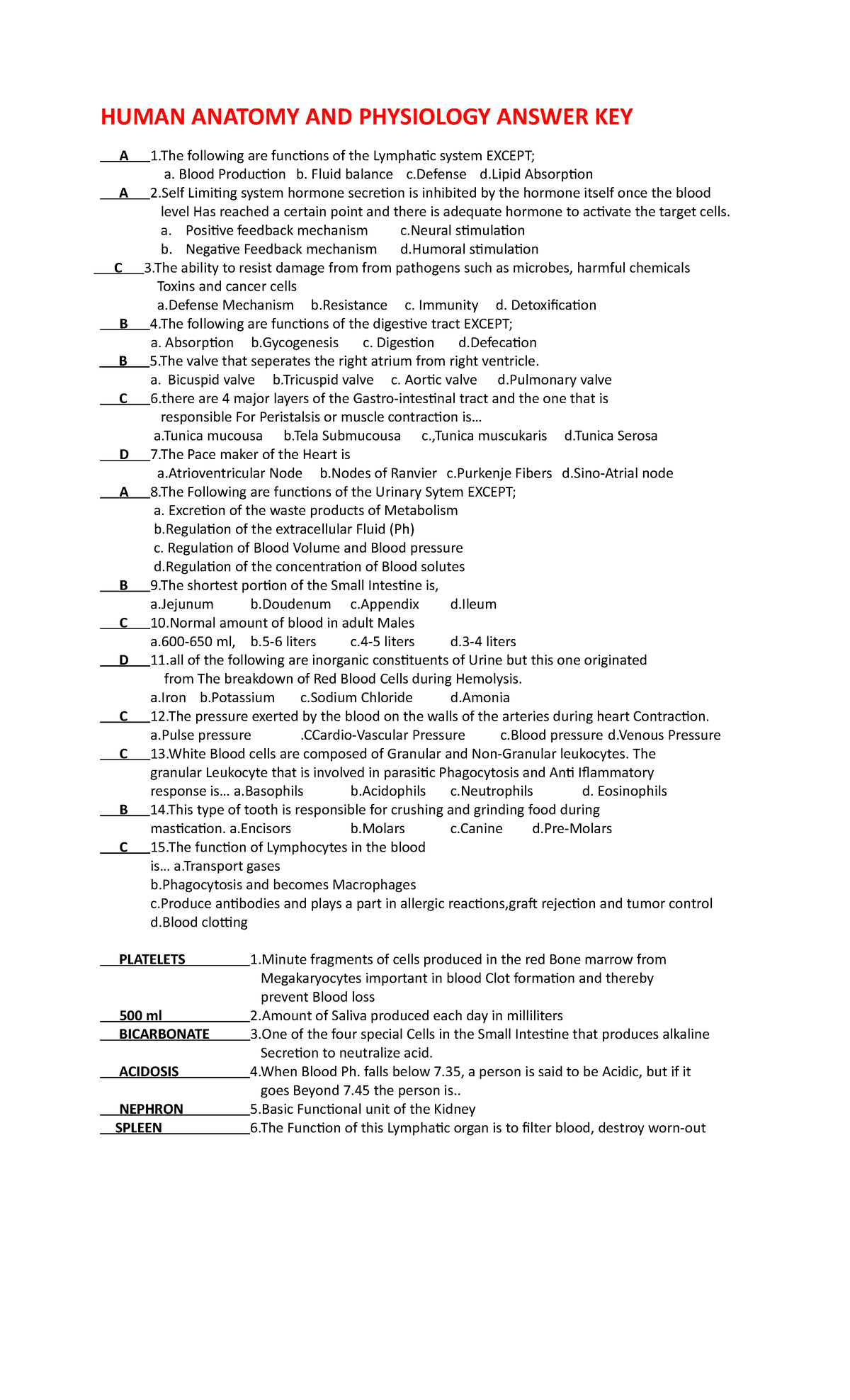 Human Anatomy and Physiology Answer Key: Comprehensive Guide - Studocu