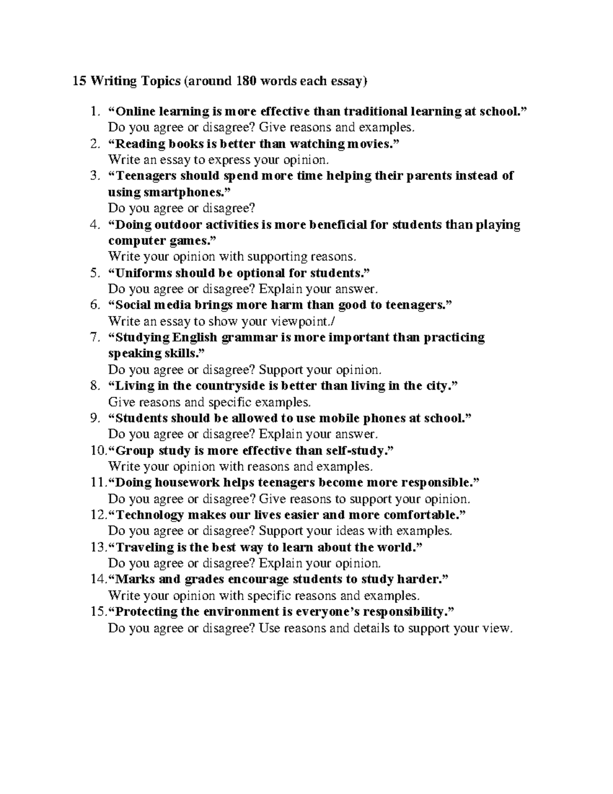 15 Writing Topics for Essays: Opinions & Arguments - Studocu