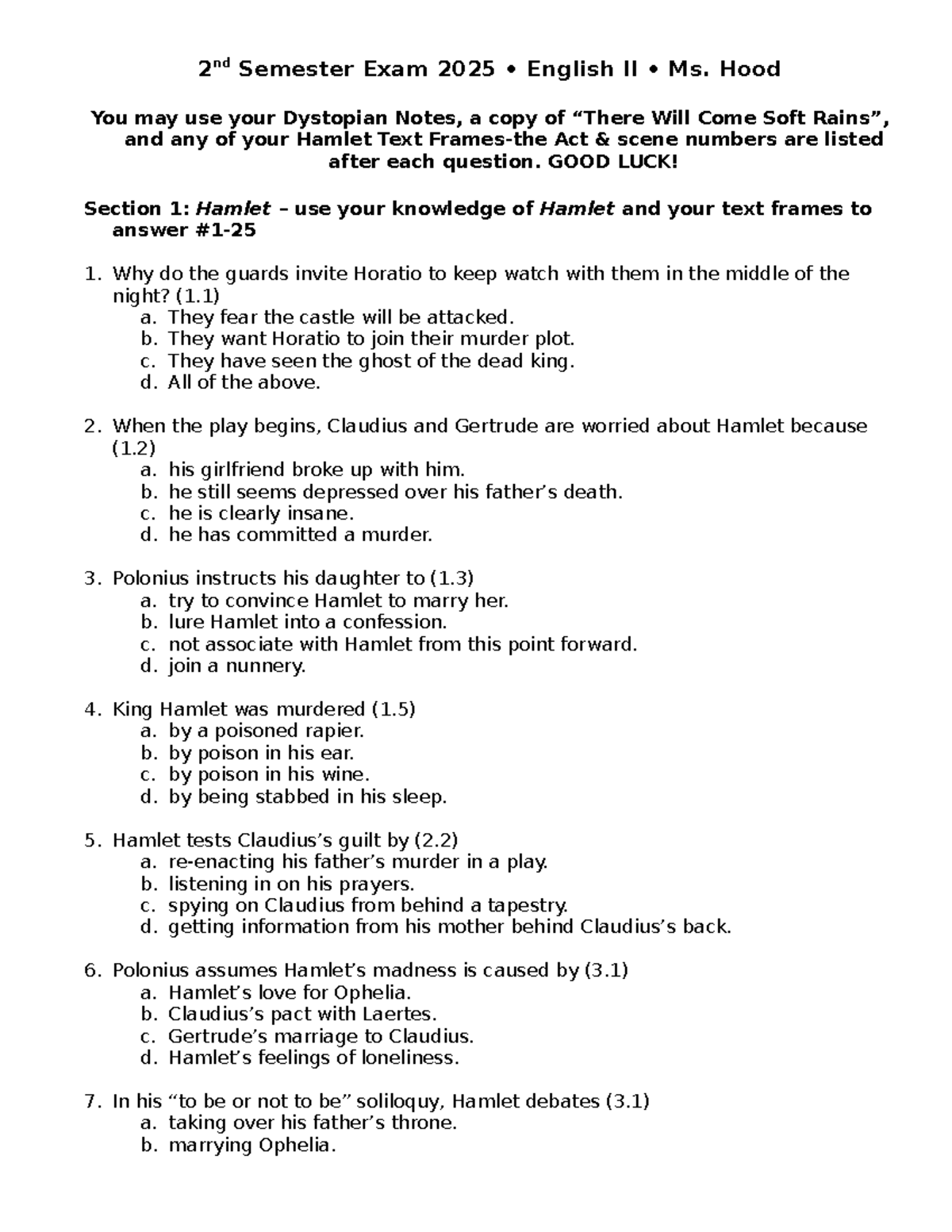 Dystopian Literature Final Exam: English II (2025 - Ms. Hood) - Studocu