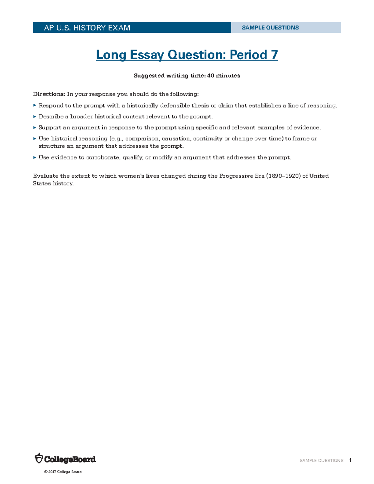 AP U.S. History - Period 7 LEQ: Women's Lives in the Progressive Era ...