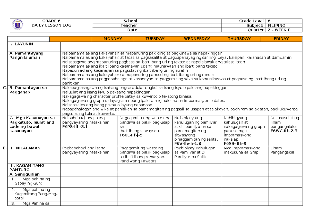DLL Filipino 6 Q2 W8-2 - Weekly Lesson Plan for Grade 6 Filipino - Studocu