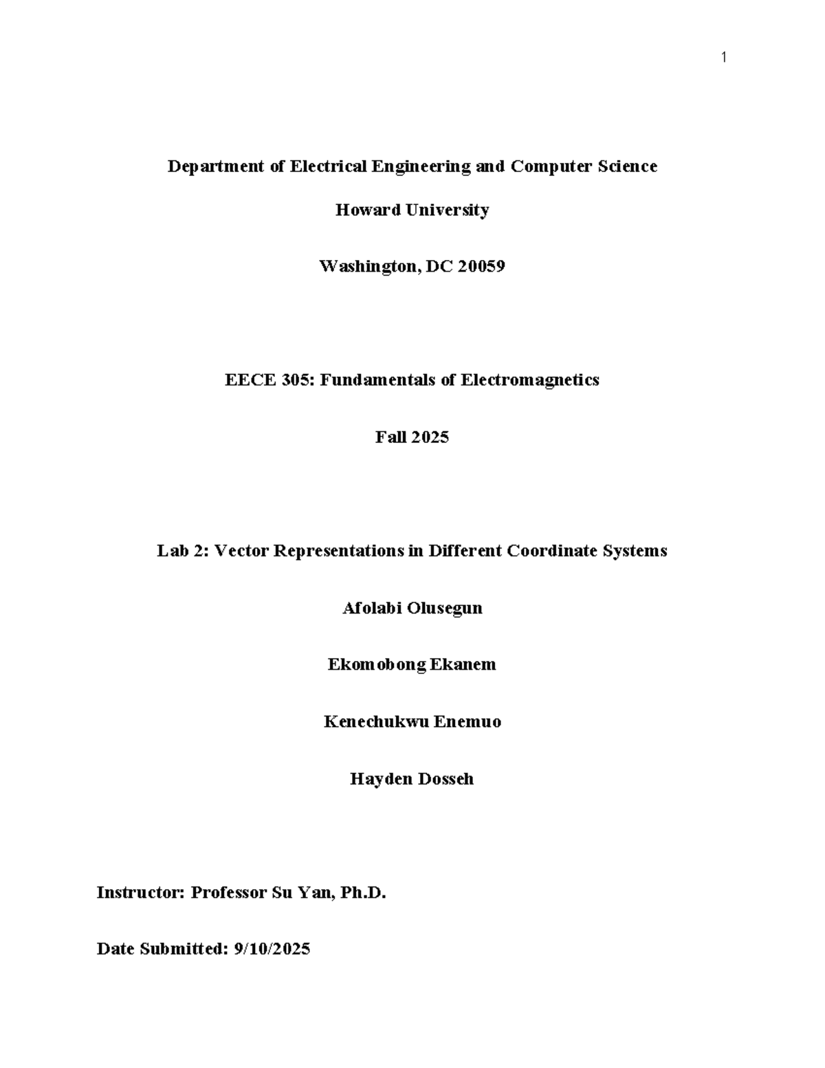 EECE 305 Lab 2: Vector Representations in Coordinate Systems - Studocu