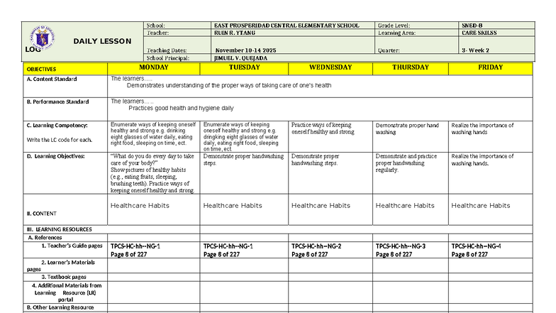Daily Lesson Log (DLL) for Q3 - Week 2: Health, English, Science, Life ...