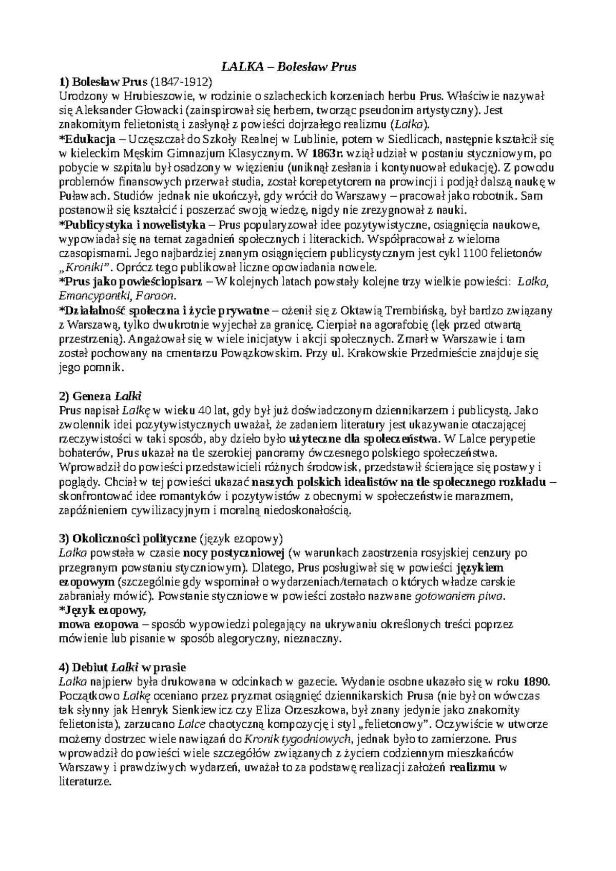 Lalka - Notatki z zajęć o Bolesławie Prusie i jego dziele - Studocu