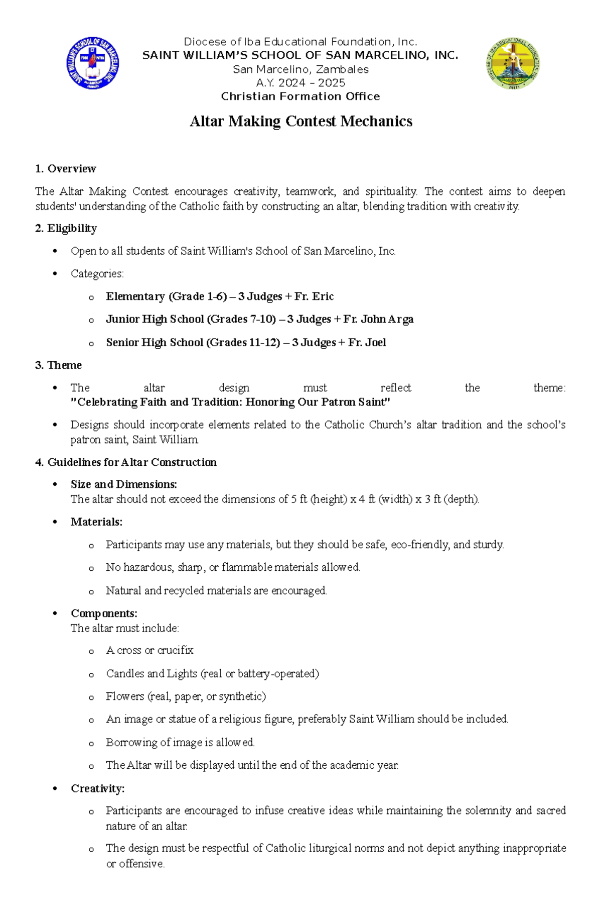 Final Exam Mechanics for Altar Making Contest (SY 2024-2025) - Studocu