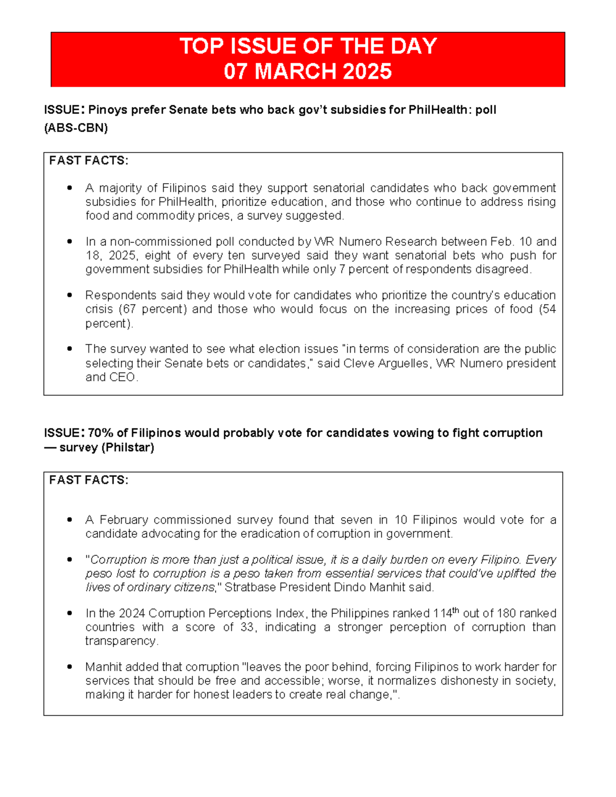 MAR 07 2025 TOP Issue OF THE DAY - ISSUE: Pinoys prefer Senate bets who ...