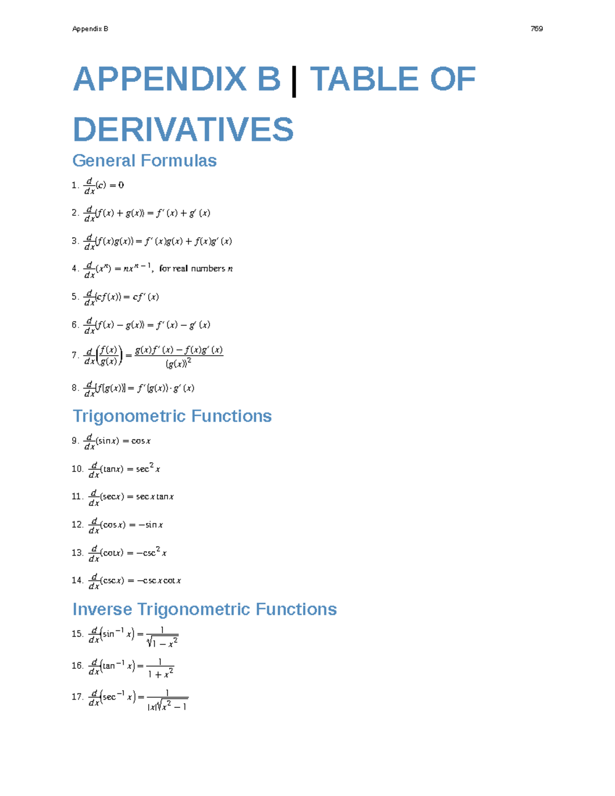 Calculus Volume 1 - Part 389: Appendix B - Derivatives Table - Studocu