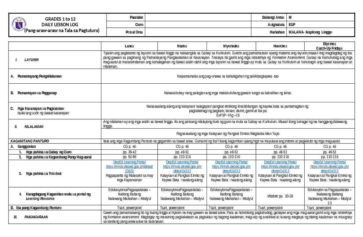 DLL-2024-2025-Q2-Grade 3-Daily Lesson Log for Week 7 - Studocu