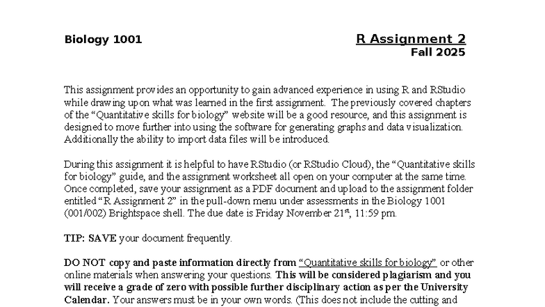 Biology 1001 R Assignment 2: Data Visualization & Analysis F25 - Studocu