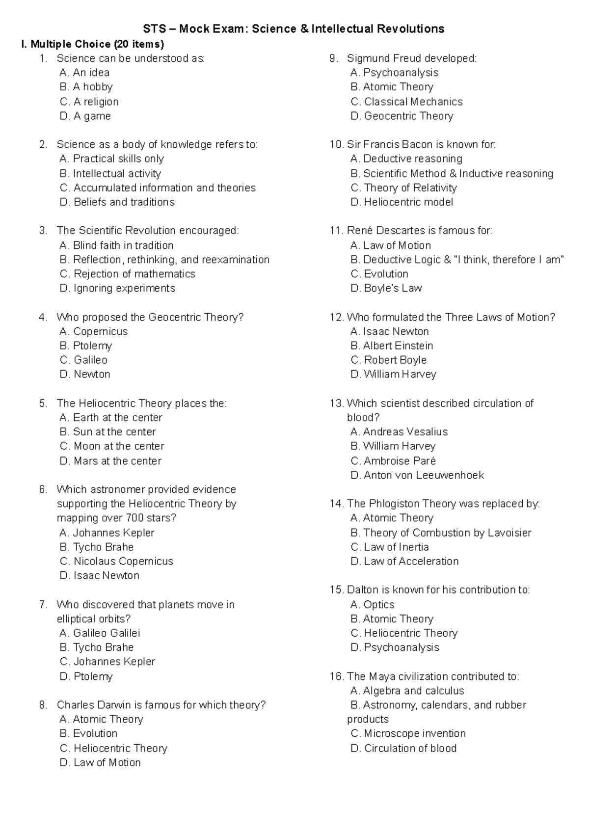 STS Mock Exam: Science Intellectual Revolutions I - Multiple Choice ...