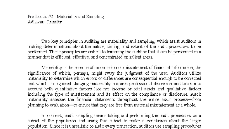 ACCT 301: Materiality and Sampling in Auditing Principles - Studocu