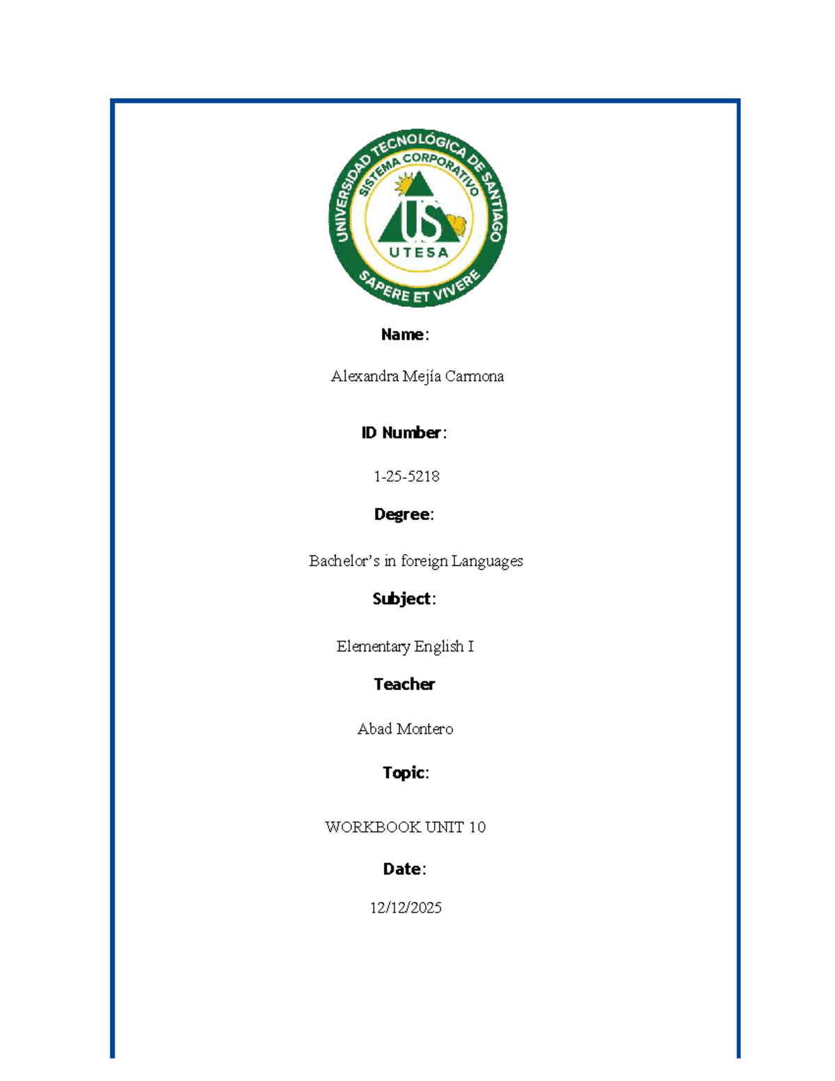 Elementary English I - Workbook Unit 10 Activities - Studocu
