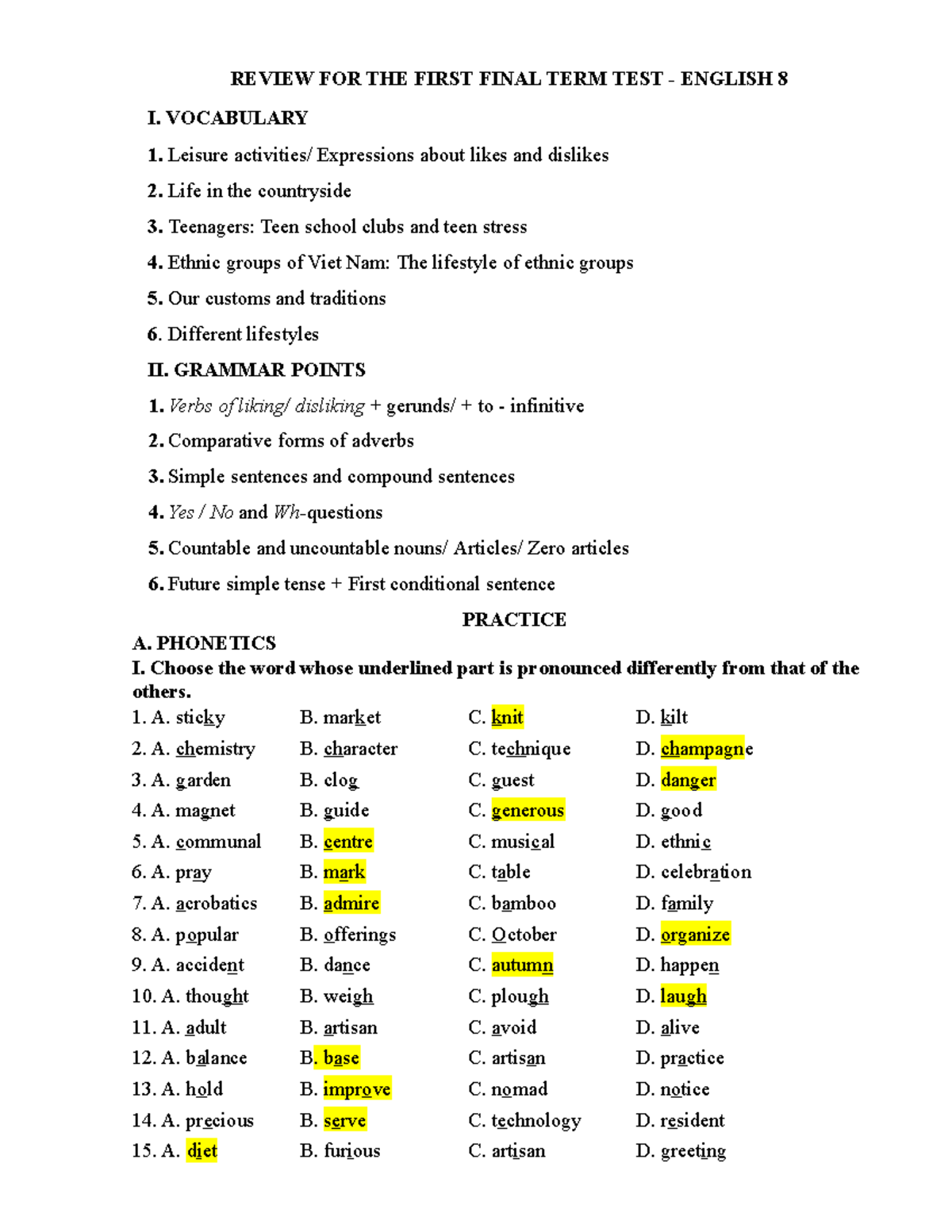 KEY Review for the First Final Term Test E8: Vocabulary & Grammar - Studocu