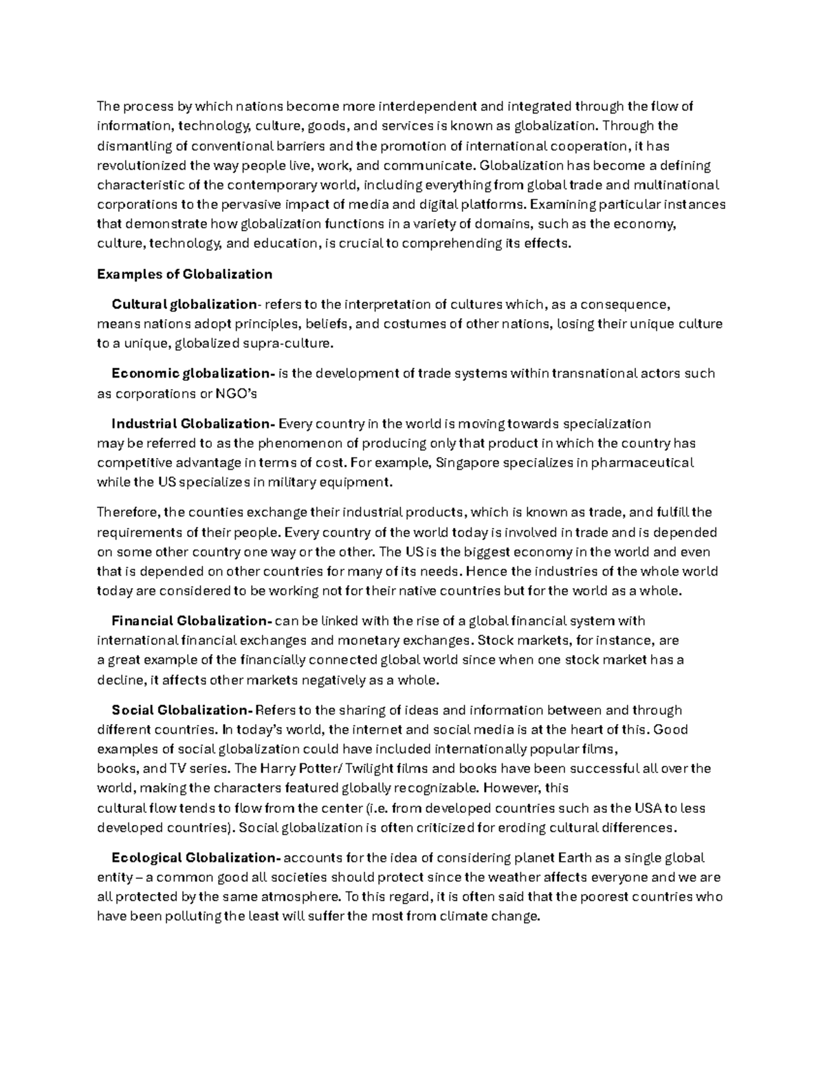 Lesson 2 - 1.1 Summary of Globalization Examples - Studocu