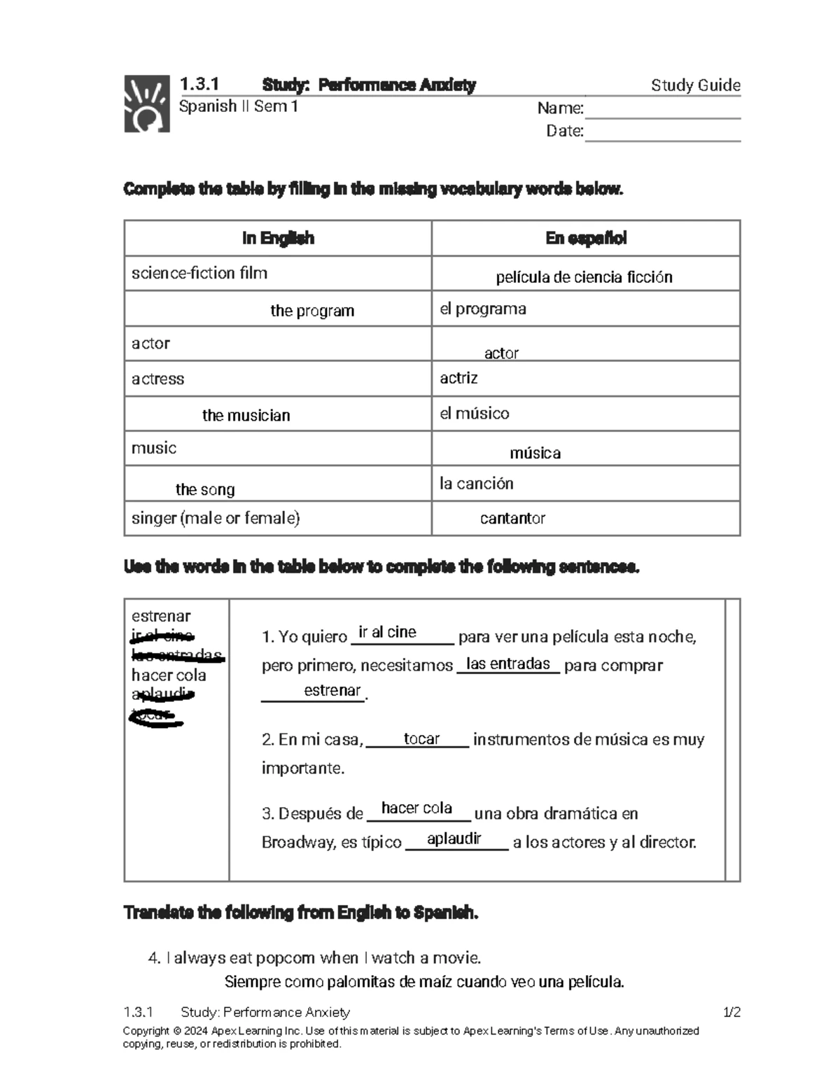 1.1.10 Spanish II Sem 1 - Written Assignment Practice - Studocu