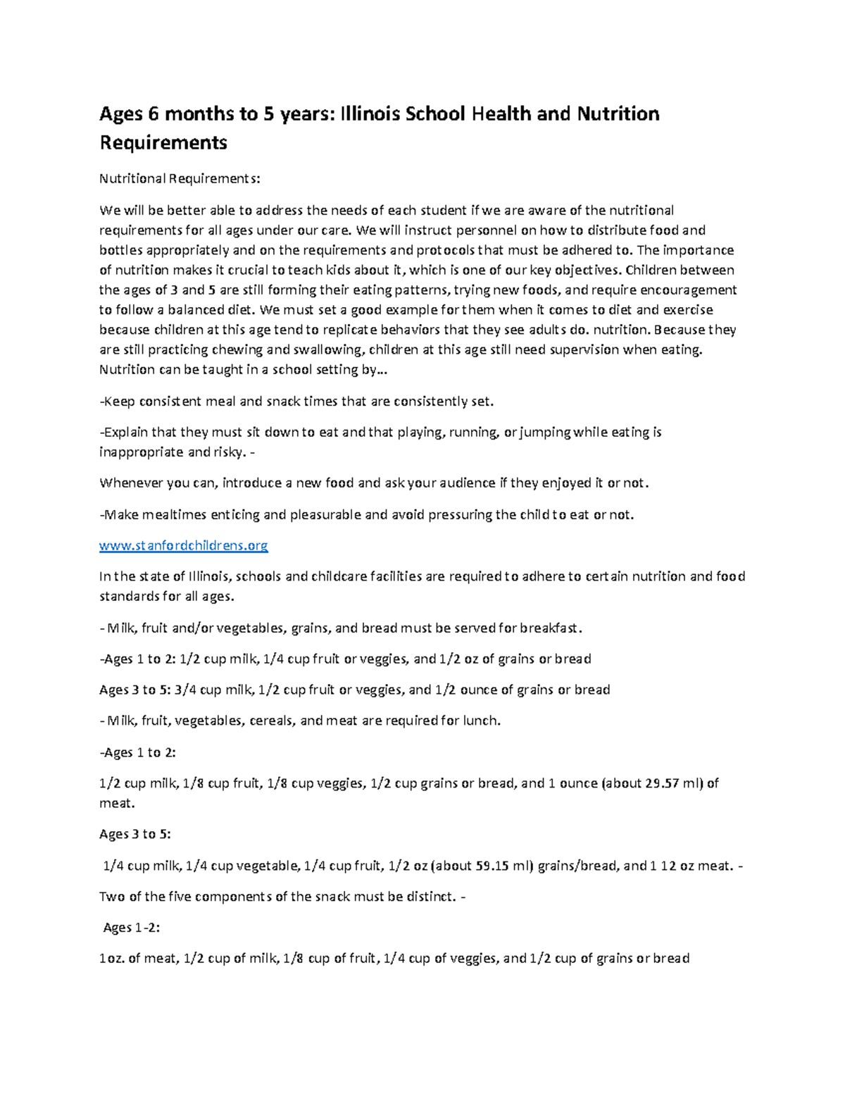 Illinois Health & Nutrition Requirements for Kids Ages 0-5 - Studocu