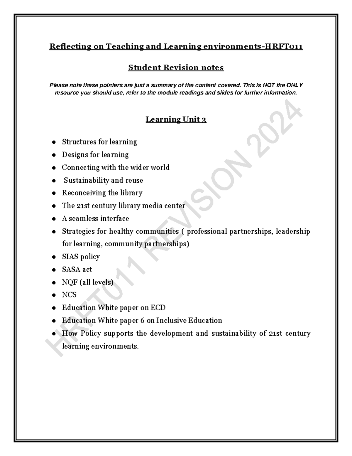 HRFT011 Student Revision Notes on Teaching and Learning Environments ...