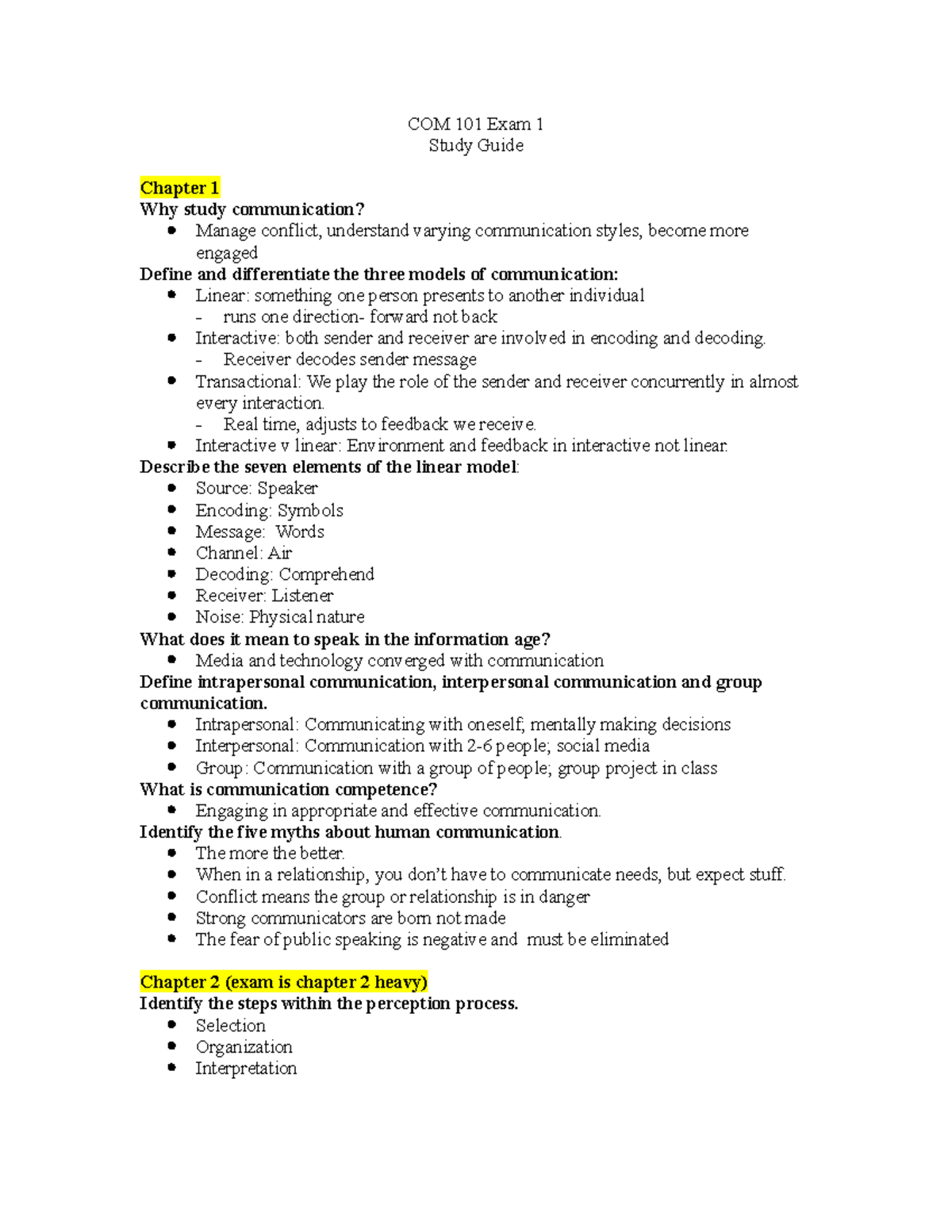 COM 101 Exam 1 Study Guide: Key Concepts in Communication - Studocu