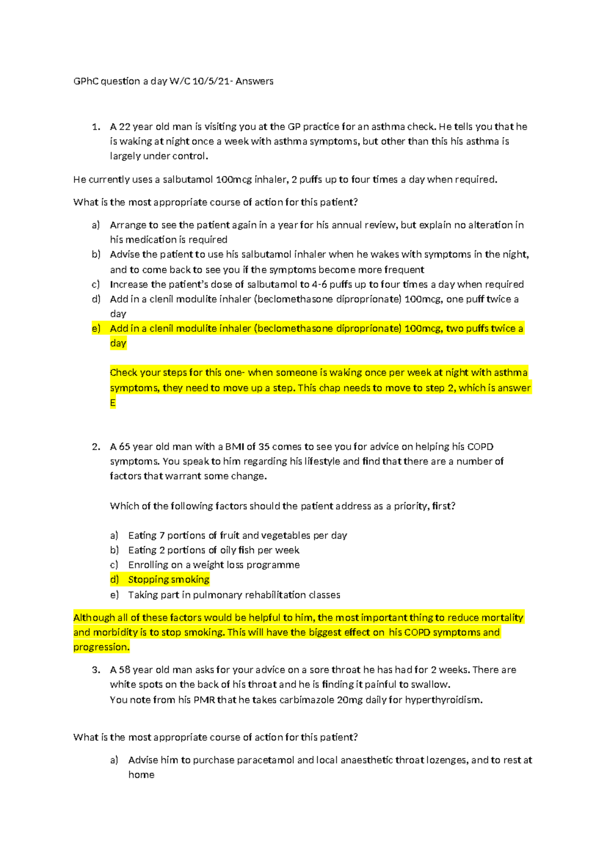GPh C QAD - Answers to Pharmacy Questions (W/C 10/5/21) - Studocu