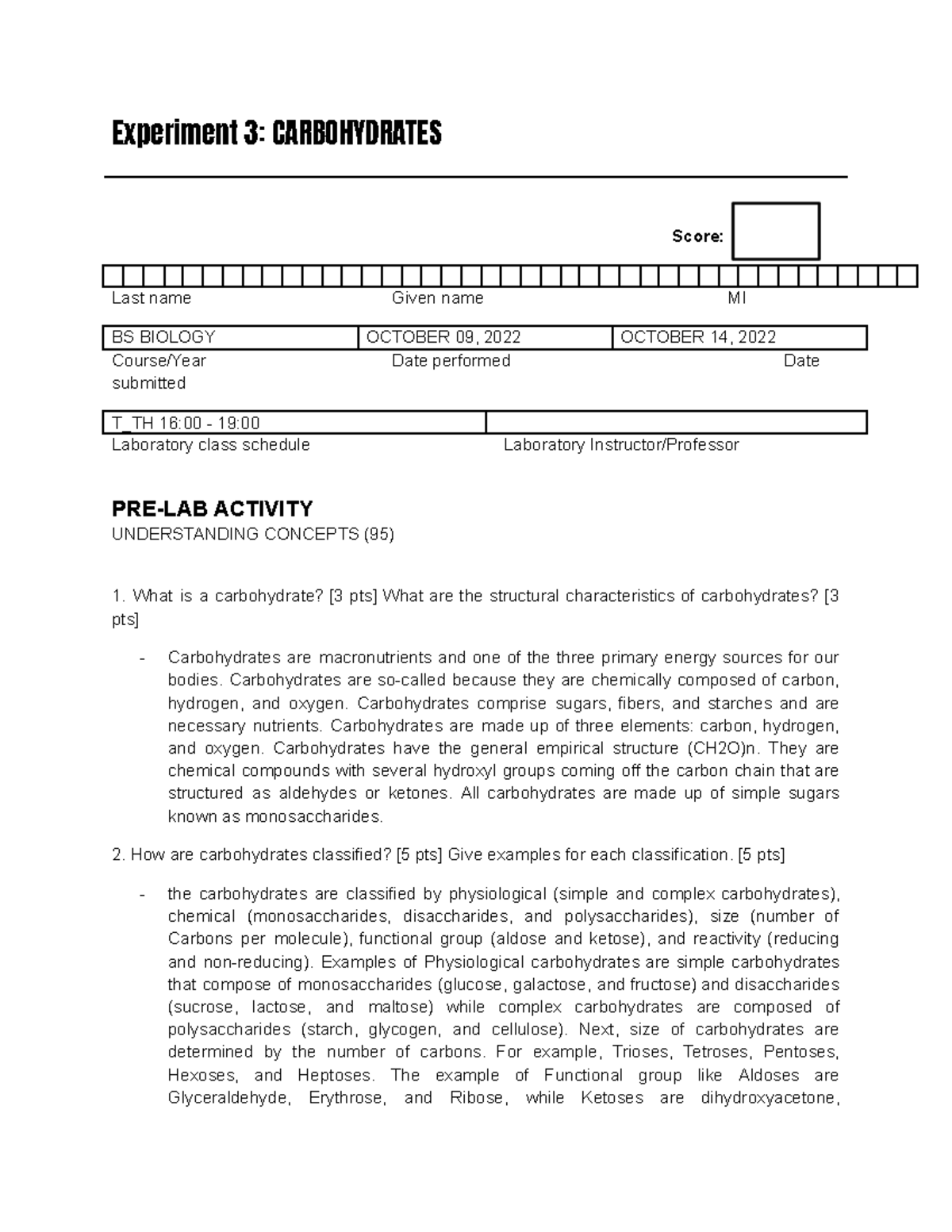 Experiment 3: CARBOHYDRATES - Activity Answers & Observations - Studocu