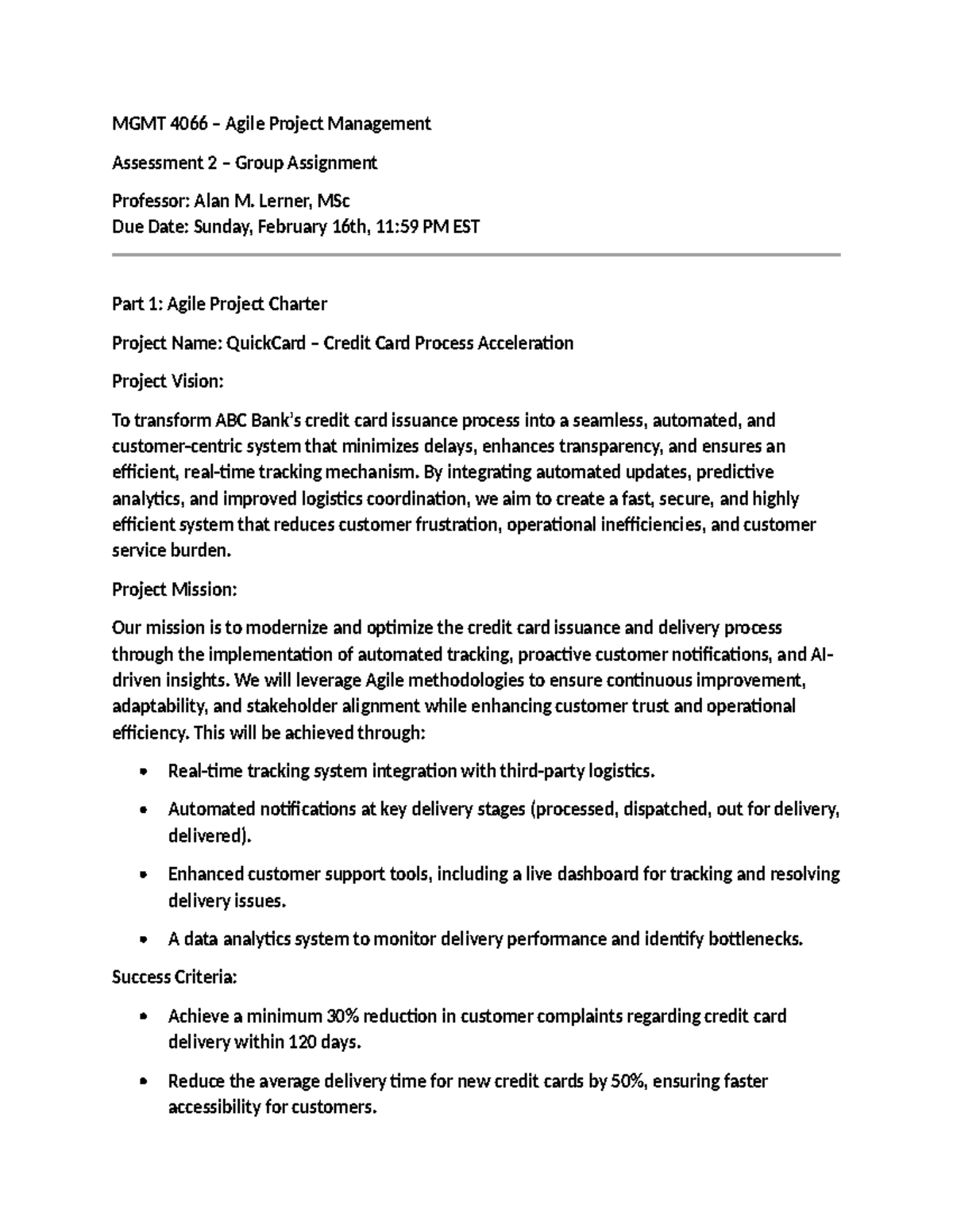 Agile Project Charter - cool - MGMT 4066 – Agile Project Management ...