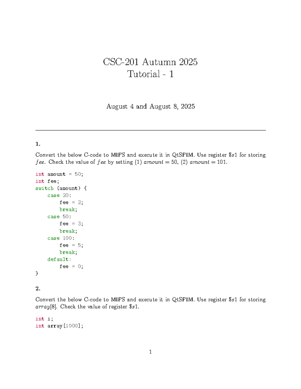 CSC201 Tutorial 1: MIPS Conversion and Execution Guide - Studocu