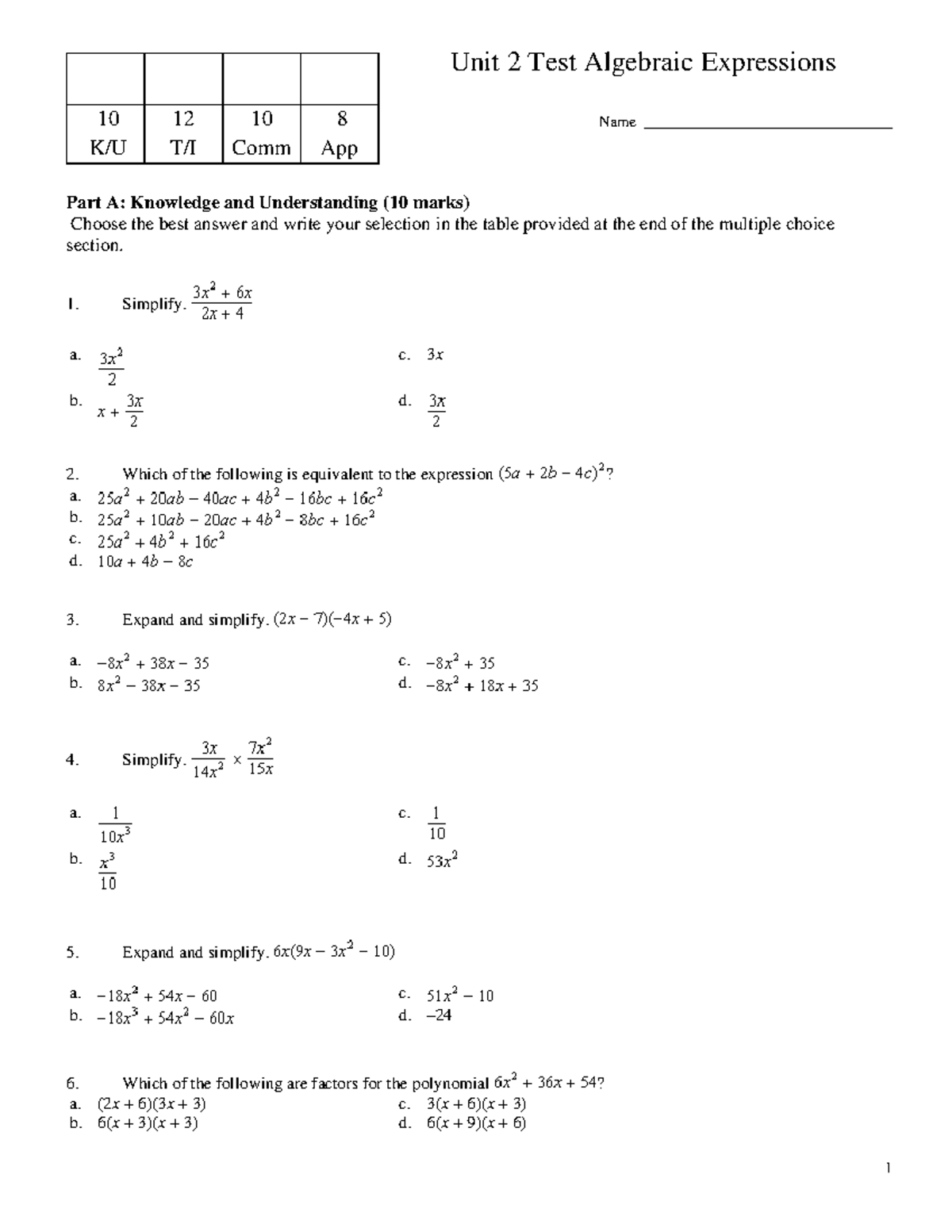 Unit 2 Algebraic Expressions Practice Test & Answer Key - Studocu
