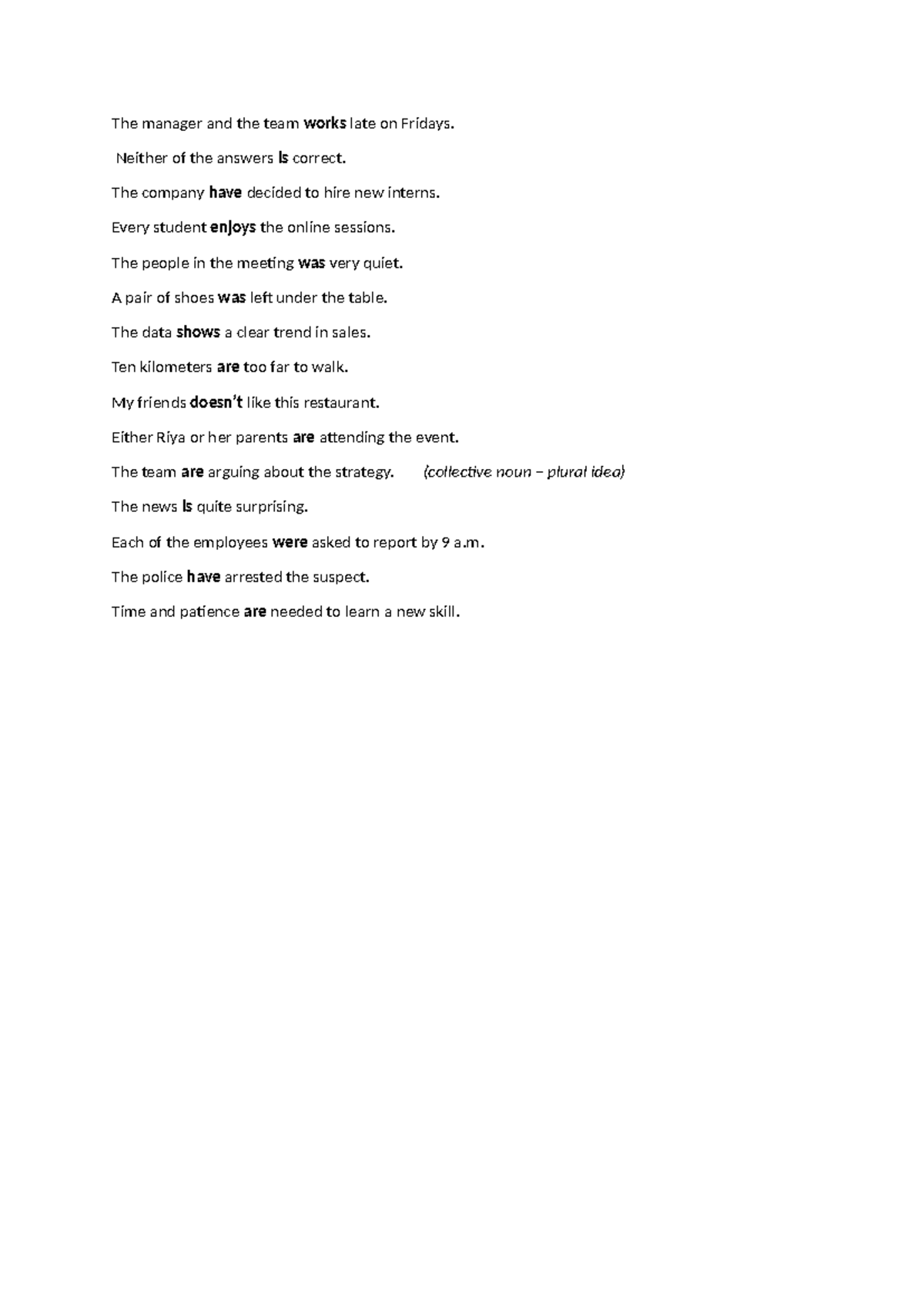 SVA Sentences - Subject-Verb Agreement Notes - Studocu