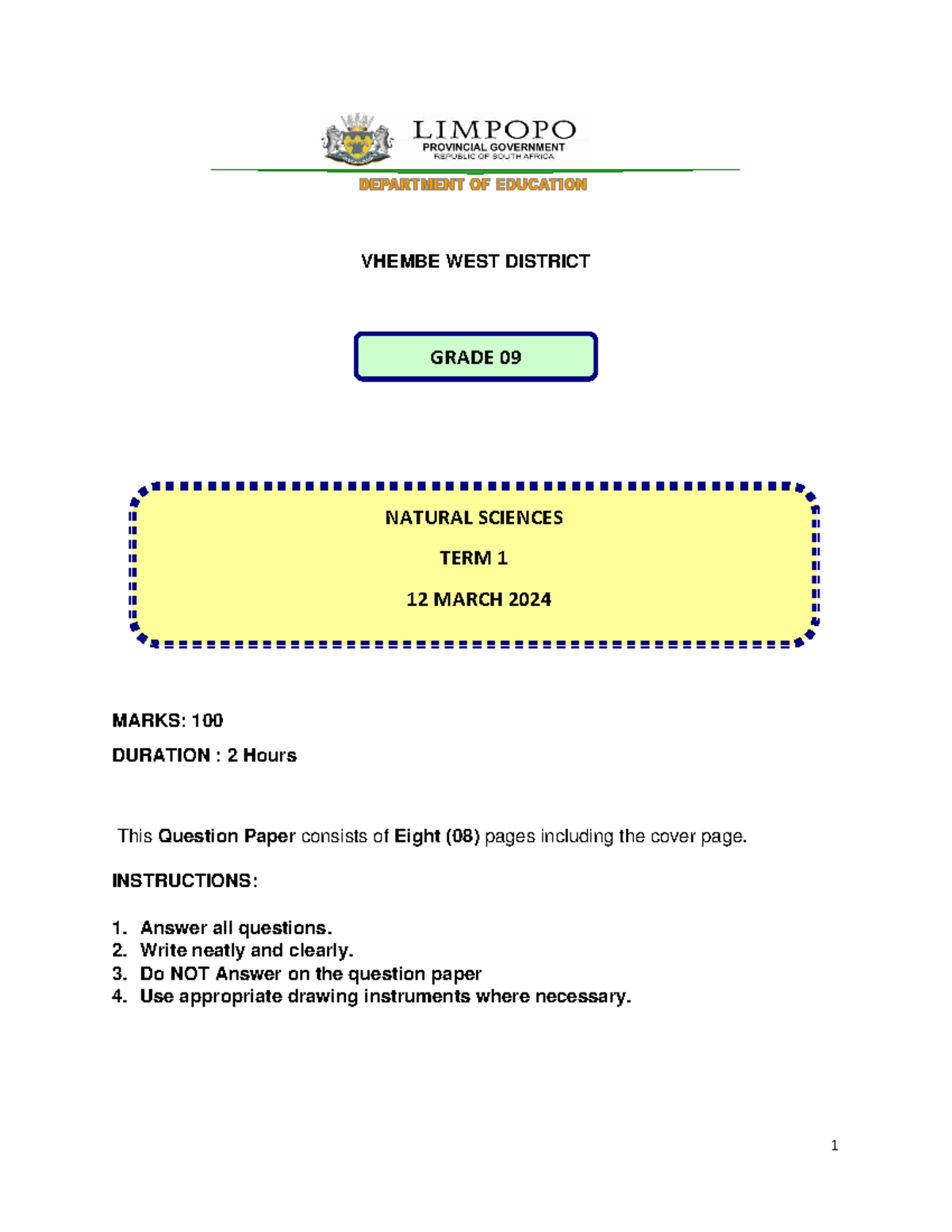 NS Grade 09 Term 1 Test 2024 - Natural Sciences Question Paper - Studocu