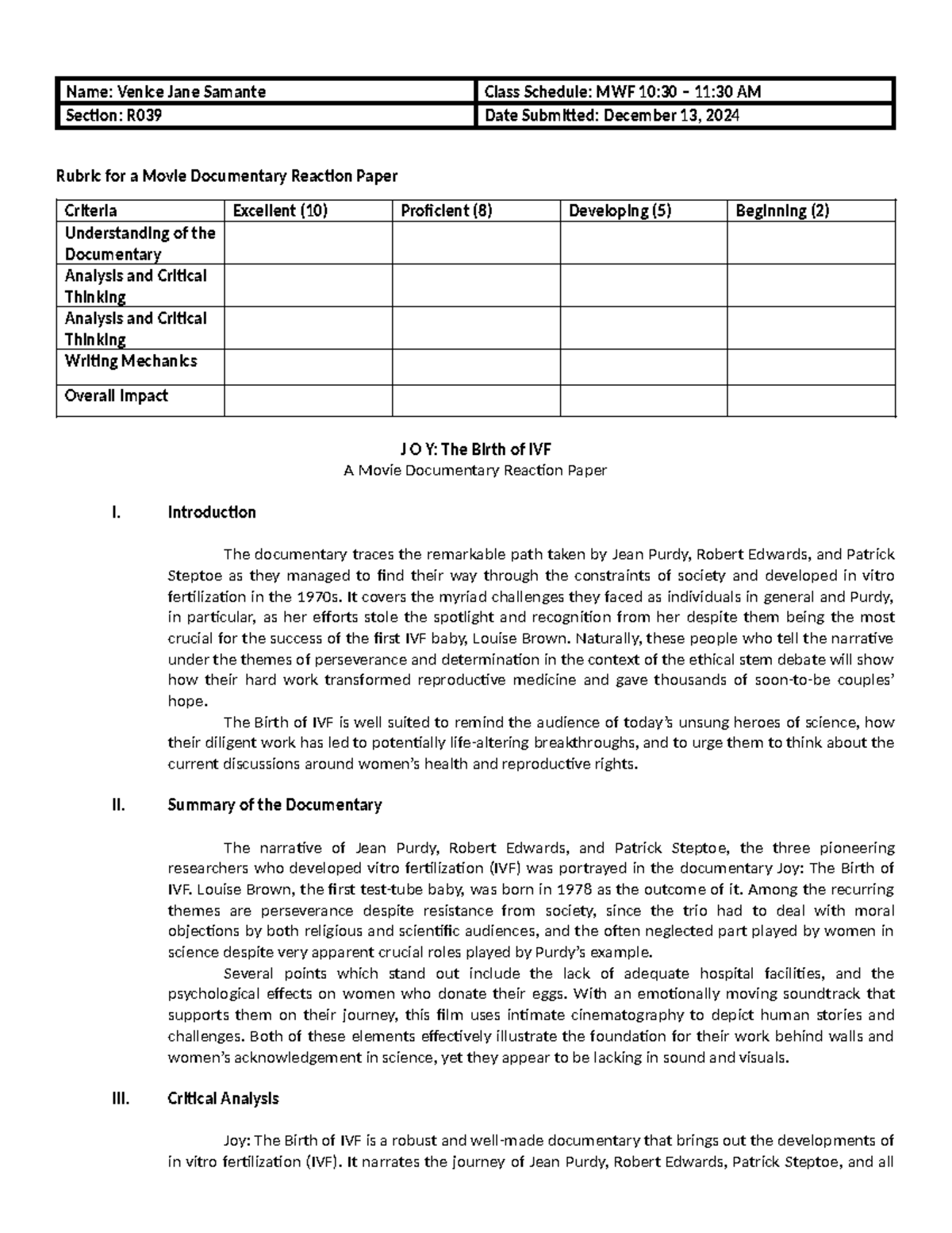 R039: Movie Reaction Paper on "Joy: The Birth of IVF" Analysis - Studocu