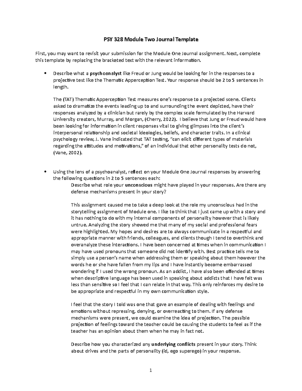 PSY 328 Module Two Journal Reflection: Analyzing the TAT Insights - Studocu