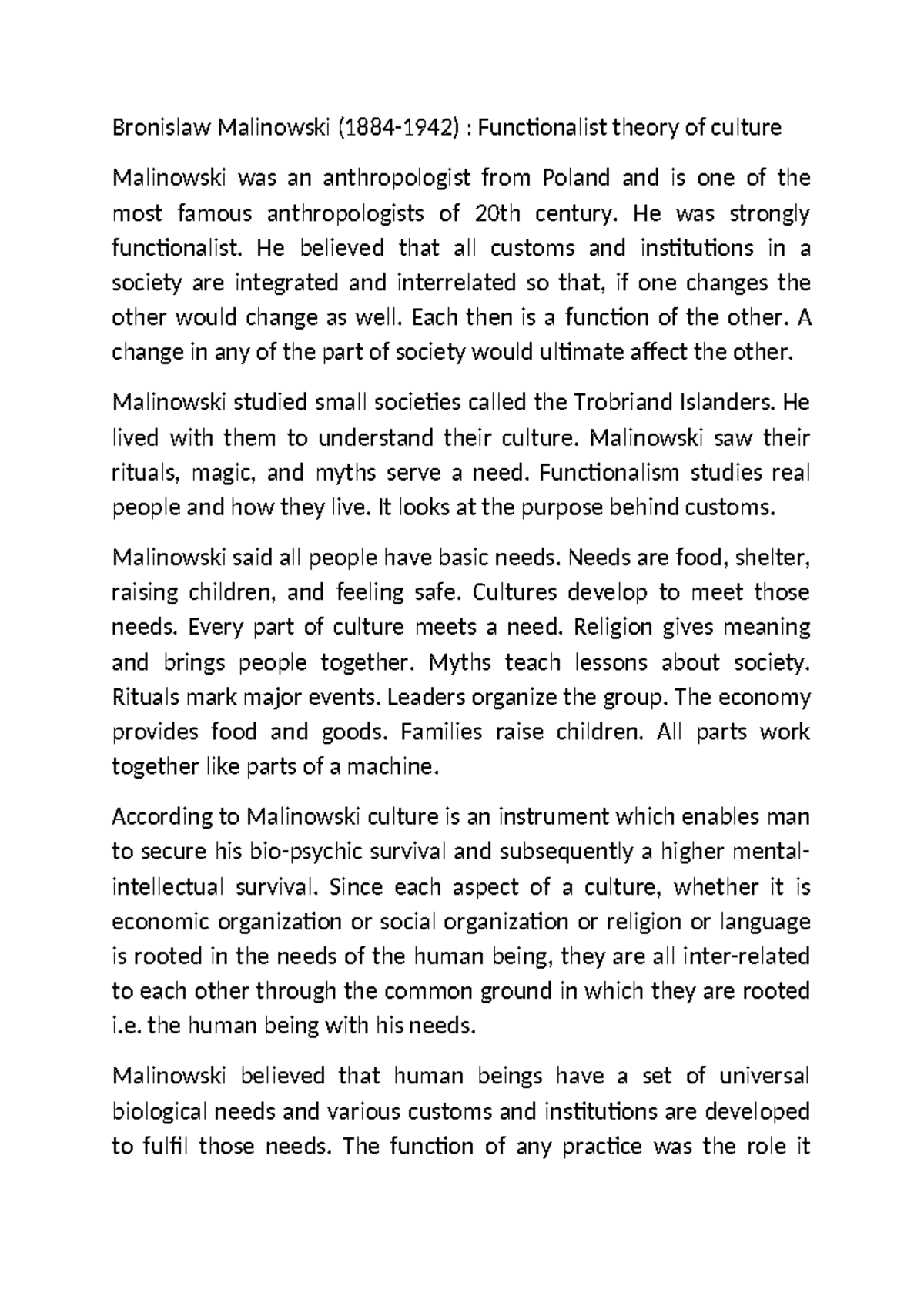 Bronislaw Malinowski's Functionalist Theory of Culture Explained - Studocu