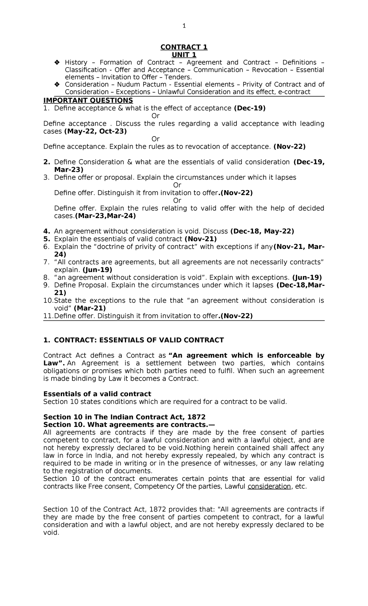 UNIT 1 - Contract Law: Key Concepts and Important Questions - Studocu