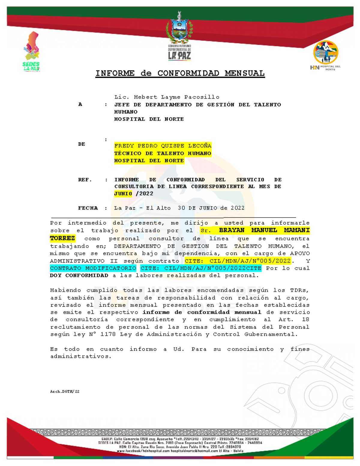 Informe de Conformidad Mensual de Consultoría - Junio 2022 - Studocu