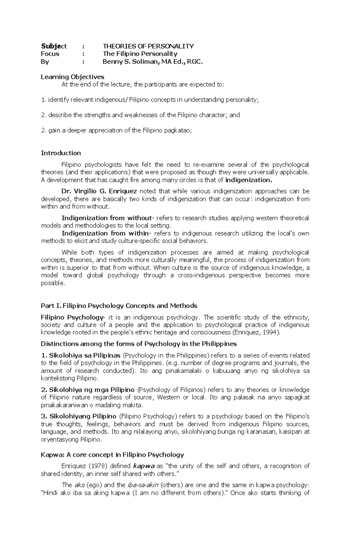 THE FILIPINO PERSONALITY: Insights and Indigenous Perspectives - Studocu