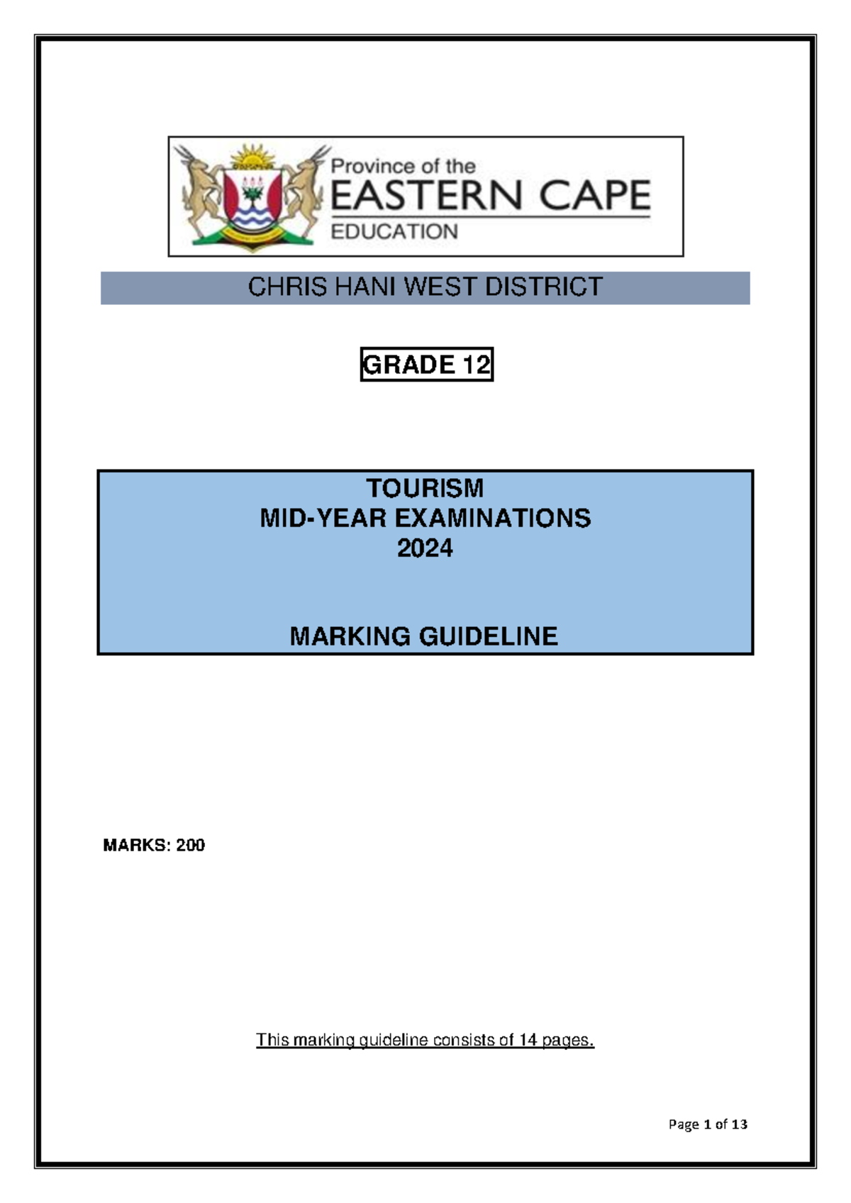 Tourism Grade 12 Mid-Year Exam Marking Guide 2024 240612 170114 - Studocu