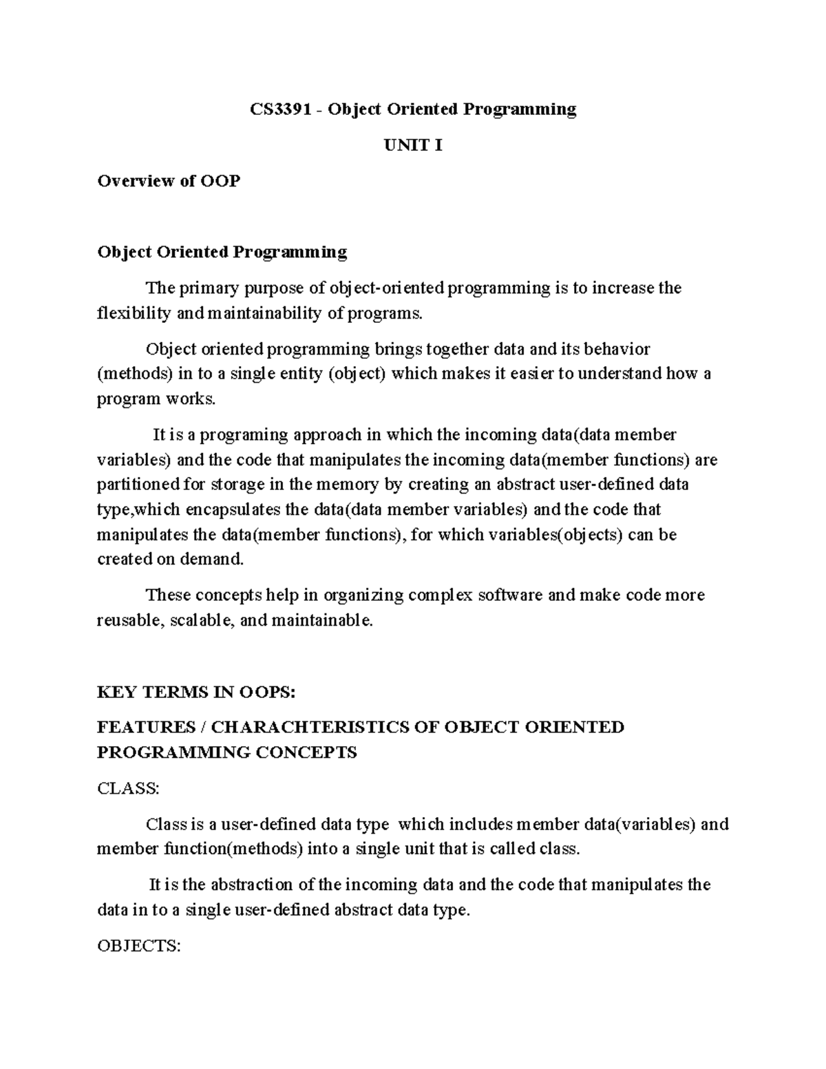 CS3391 Object Oriented Programming UNIT I: Overview of OOP Concepts and Java - Studocu