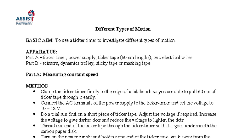 Practical - Ticker Timer: Investigating Motion Types and Speed - Studocu