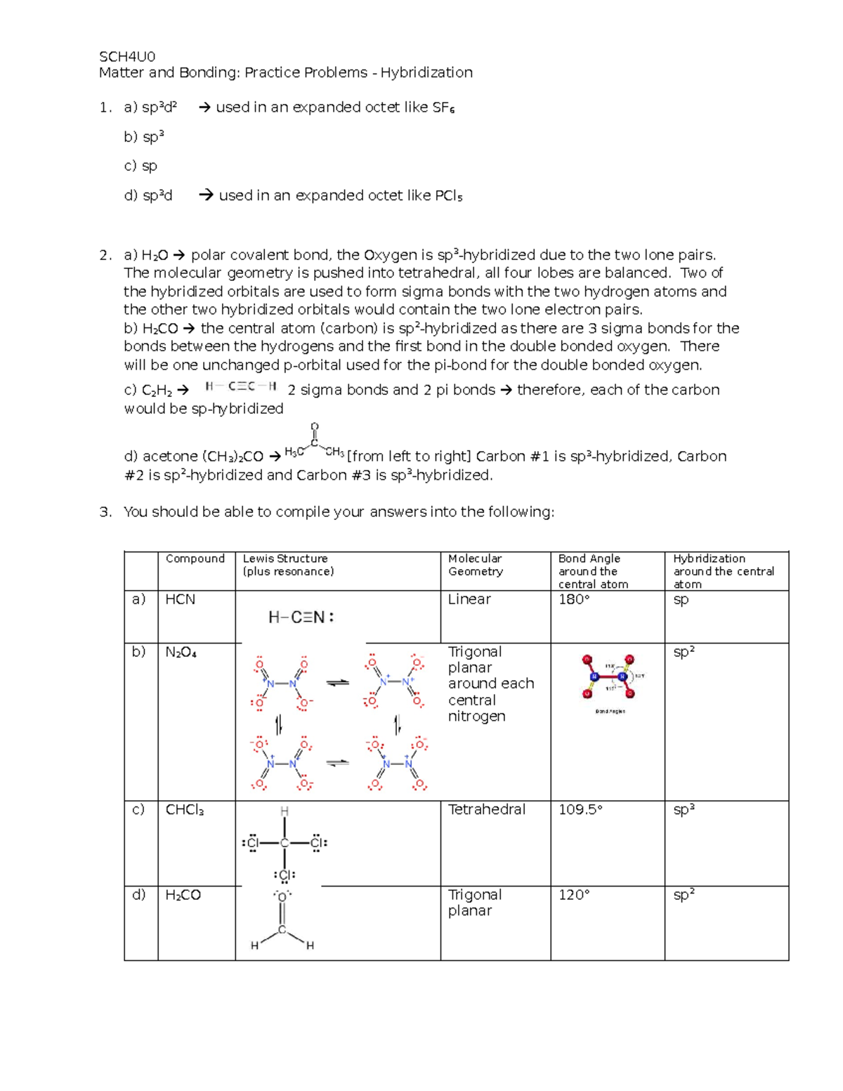 SCH4U0 Matter and Bonding: Hybridization Practice Problems Answers ...