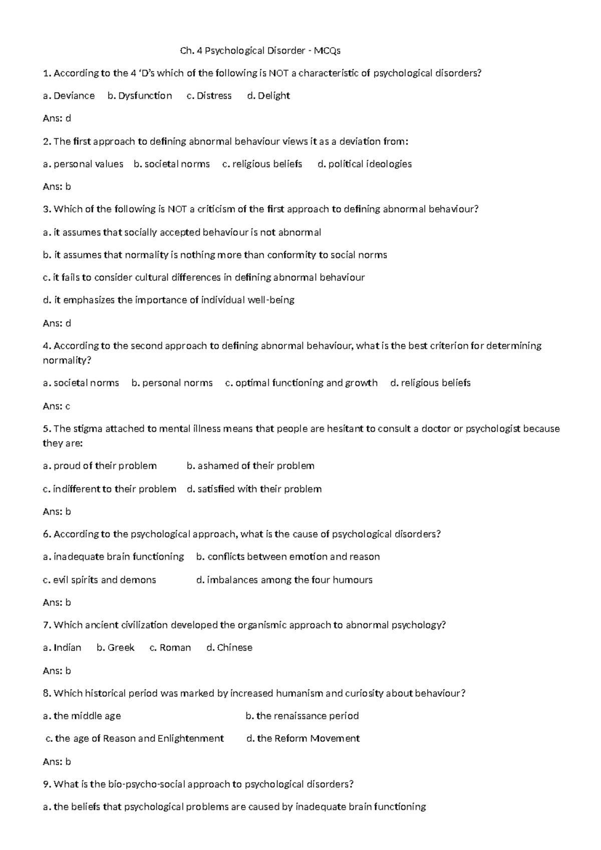 Ch 4 Psychological Disorder MCQ Practice Questions & Answers - Studocu