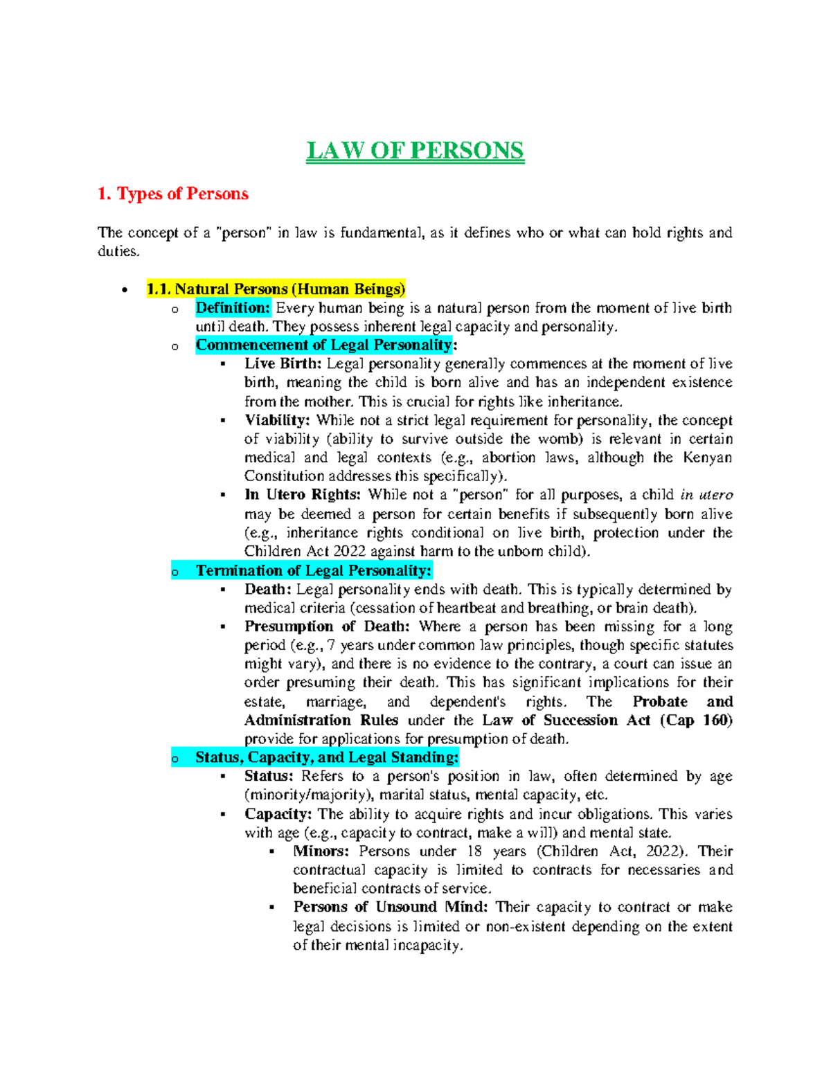LAW OF PERSONS 1: Comprehensive Study Notes on Legal Entities and ...