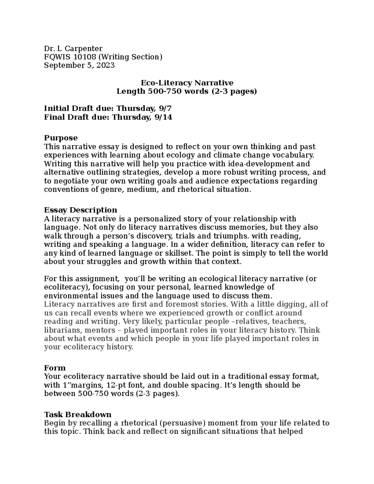 Essay 1 - Ecoliteracy Narrative Prompt - Dr. L Carpenter FQWIS 10108 ...