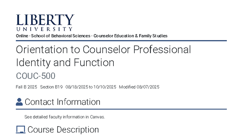 Orientation to Counselor Professional Identity and Function COUC 500 ...