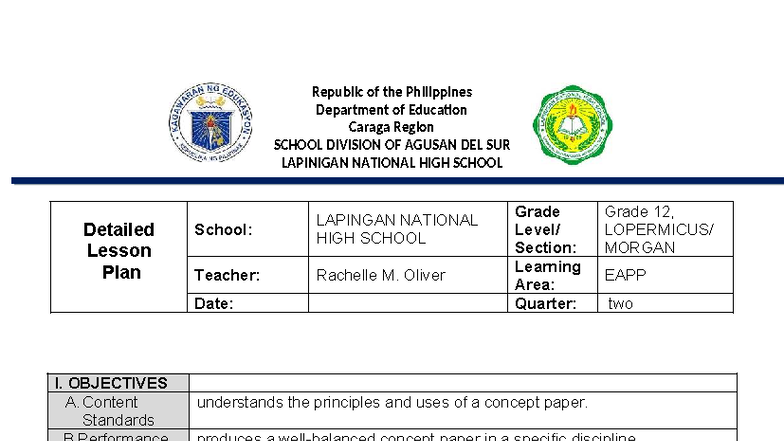 Grade 12 EAPP Detailed Lesson Plan: Writing a Concept Paper - Studocu