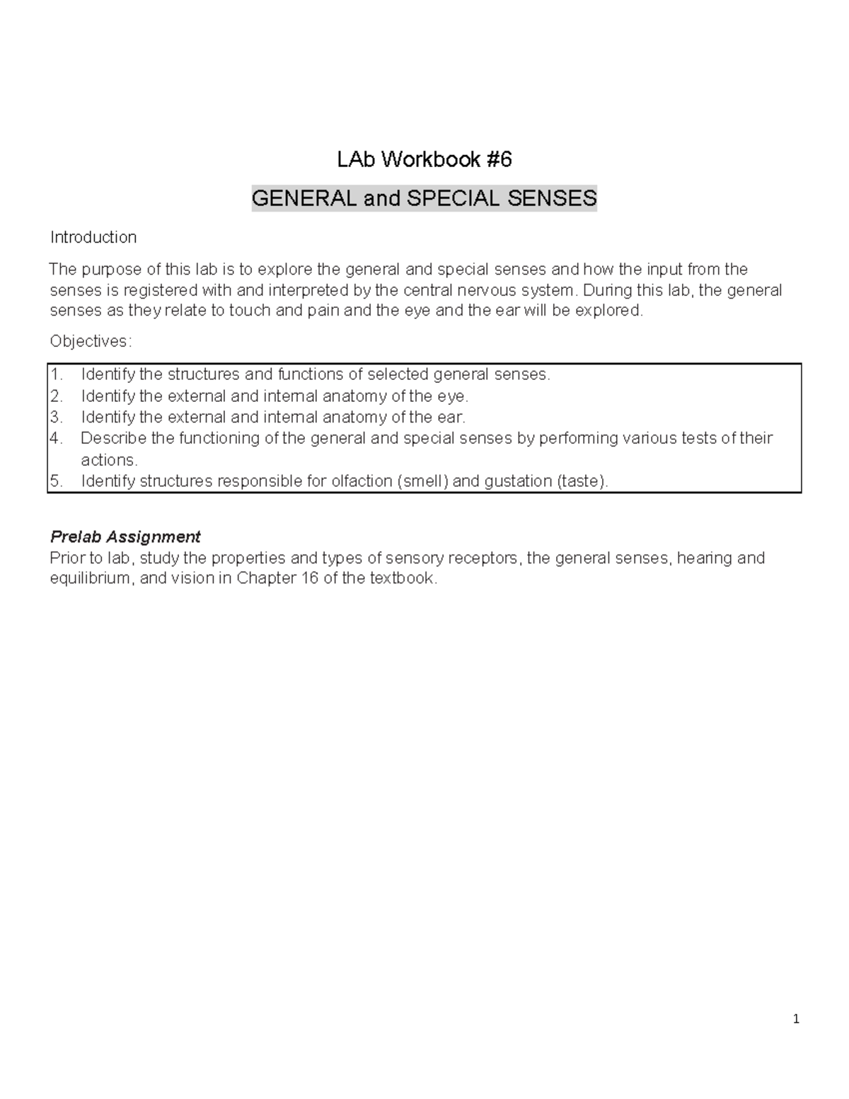 Ch 6 General and Special Senses Lab Workbook: Overview & Exercises ...