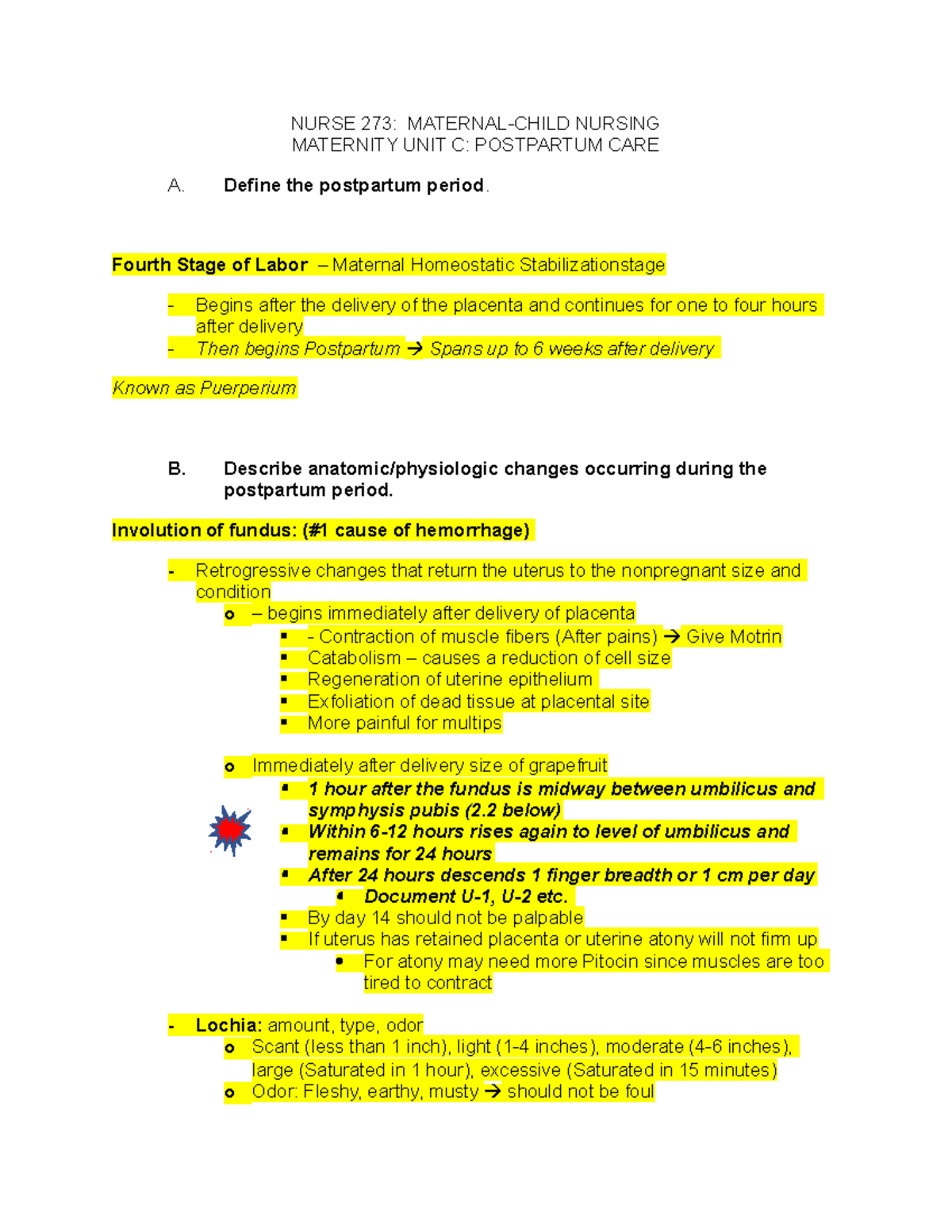 Postpartum Care Objectives: NURSE 273 Maternal-Child Nursing Notes ...