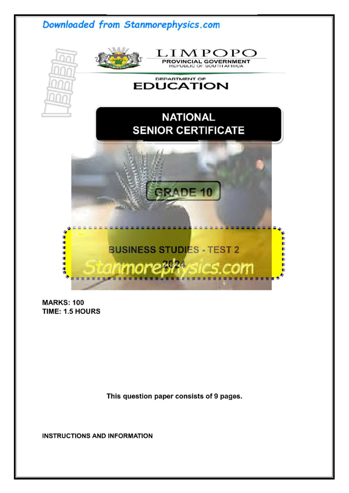 Grade 10 Business Studies LP September 2024 Test QP & Memo - Studocu