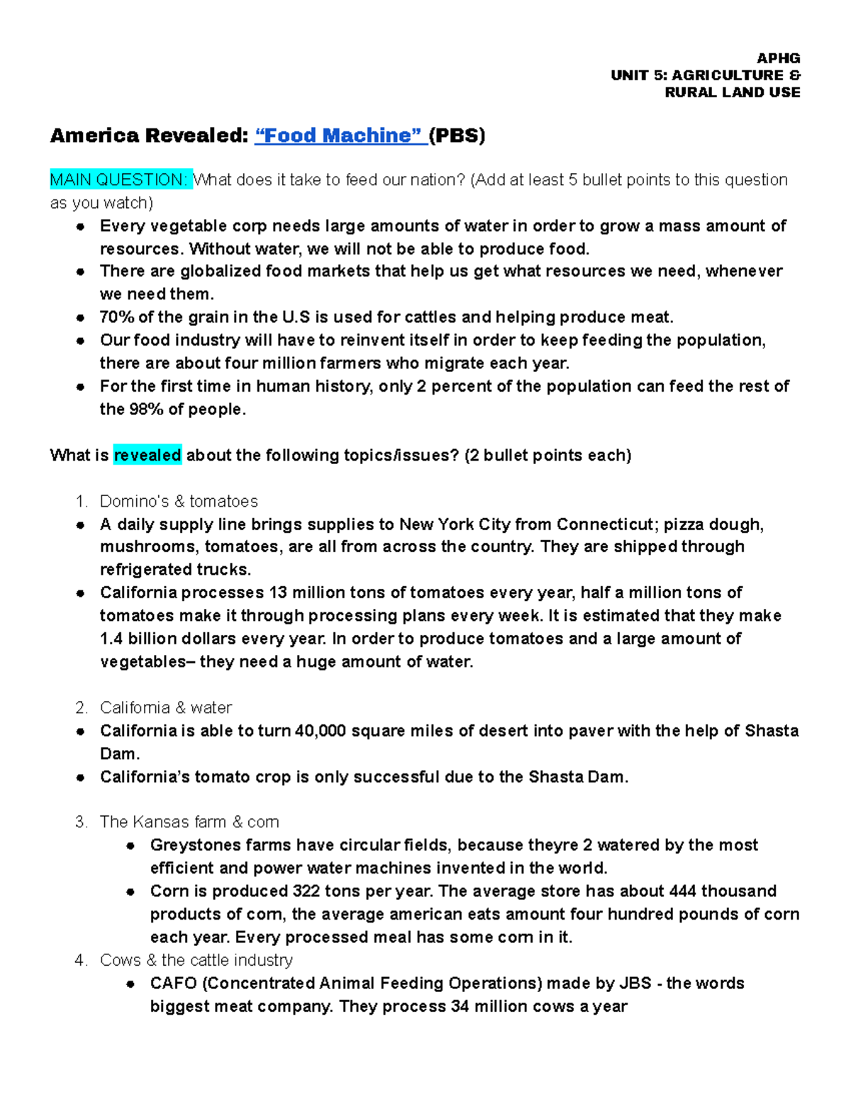PBS APHG Unit 5: Agriculture Insights from "Food Machine" Document ...