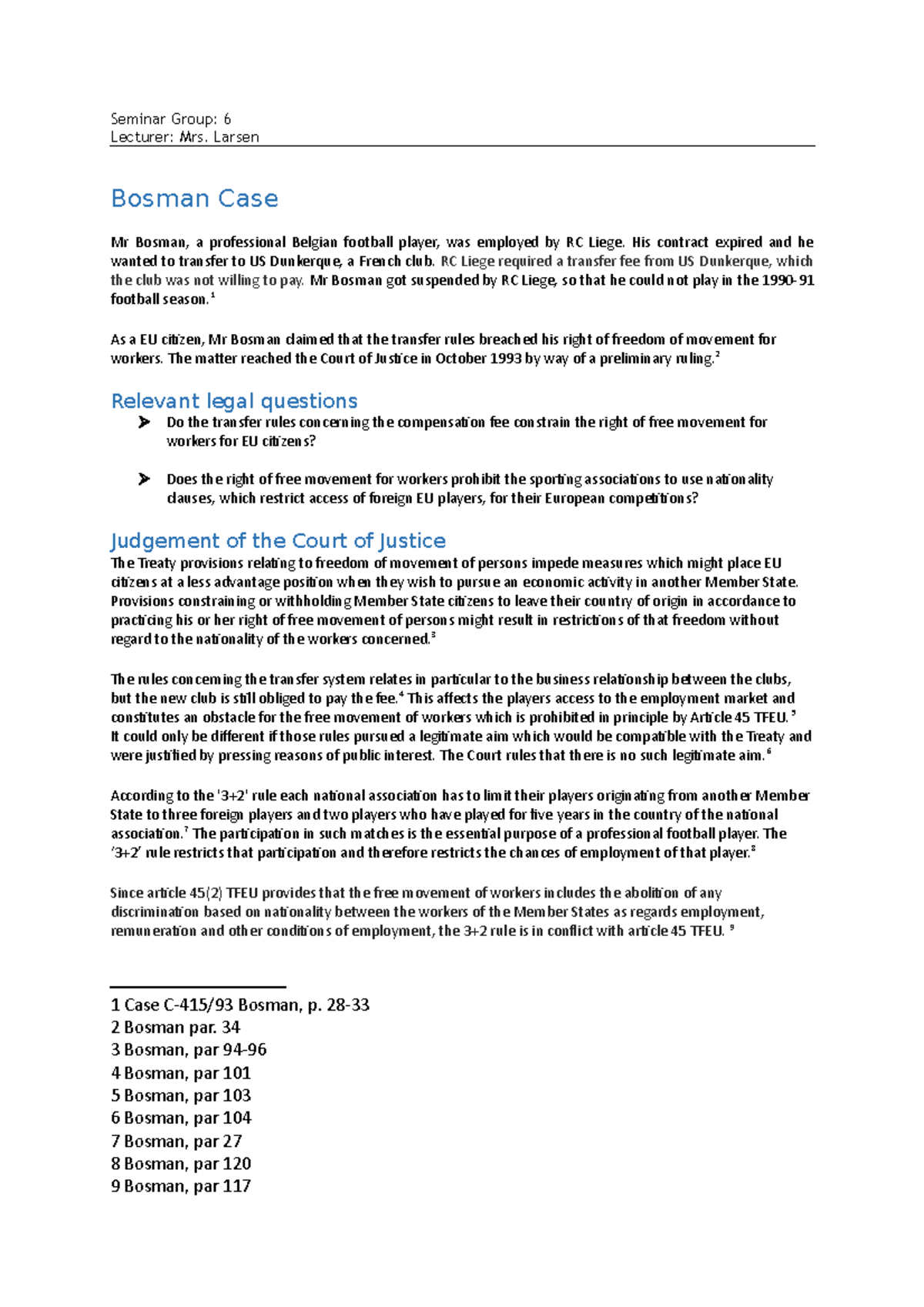Case Study: The Bosman Ruling and Its Impact on Free Movement in Sport ...